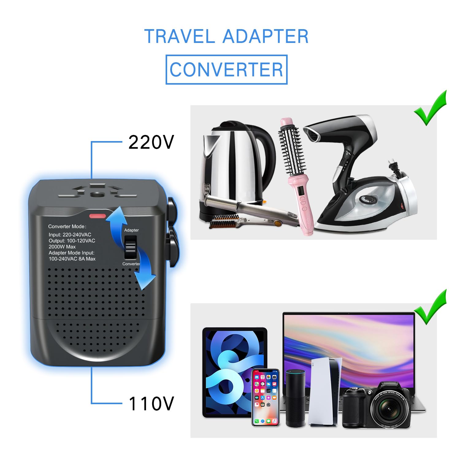 KELEILVTU 2000W Adapter 880W Voltage Converter, Down Voltage 220 V to 110 V for Curling Iron Cell Phone Laptop, US to UK Europe AUS Over 200 Countries Power Converter(Gray)