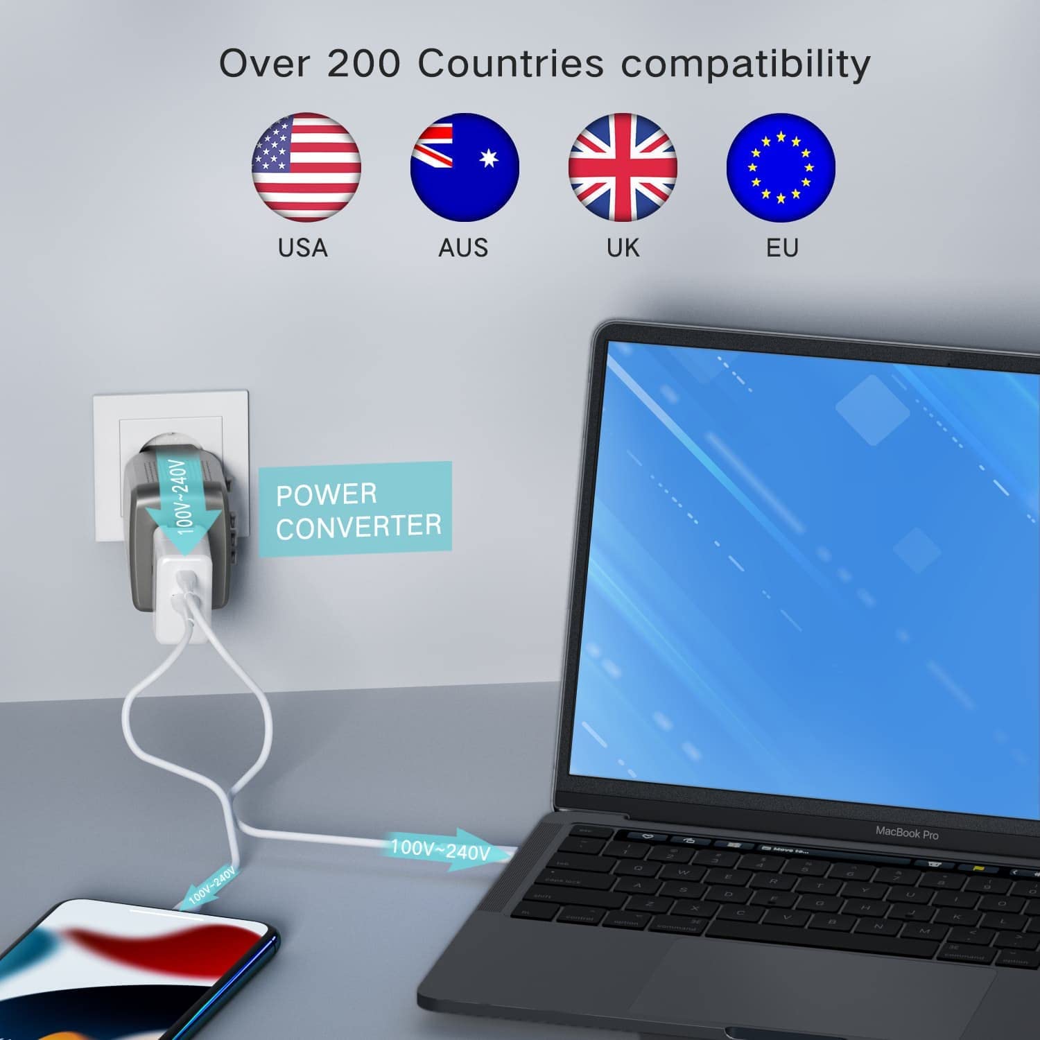 KELEILVTU 2000W Adapter 880W Voltage Converter, Down Voltage 220 V to 110 V for Curling Iron Cell Phone Laptop, US to UK Europe AUS Over 200 Countries Power Converter(Gray)