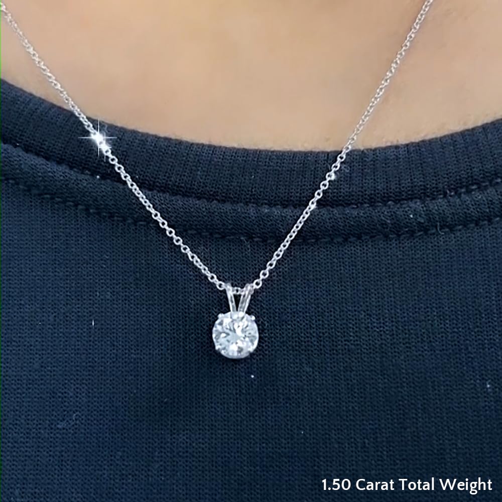 1 1/2 Carat LAB GROWN Round Cut Diamond Solitaire Pendant IGI Certified 14K White Gold 4 Prong Diamond Pendant Necklace For Women (E-F-G, VS1-VS2, 1.50 c.t.w)