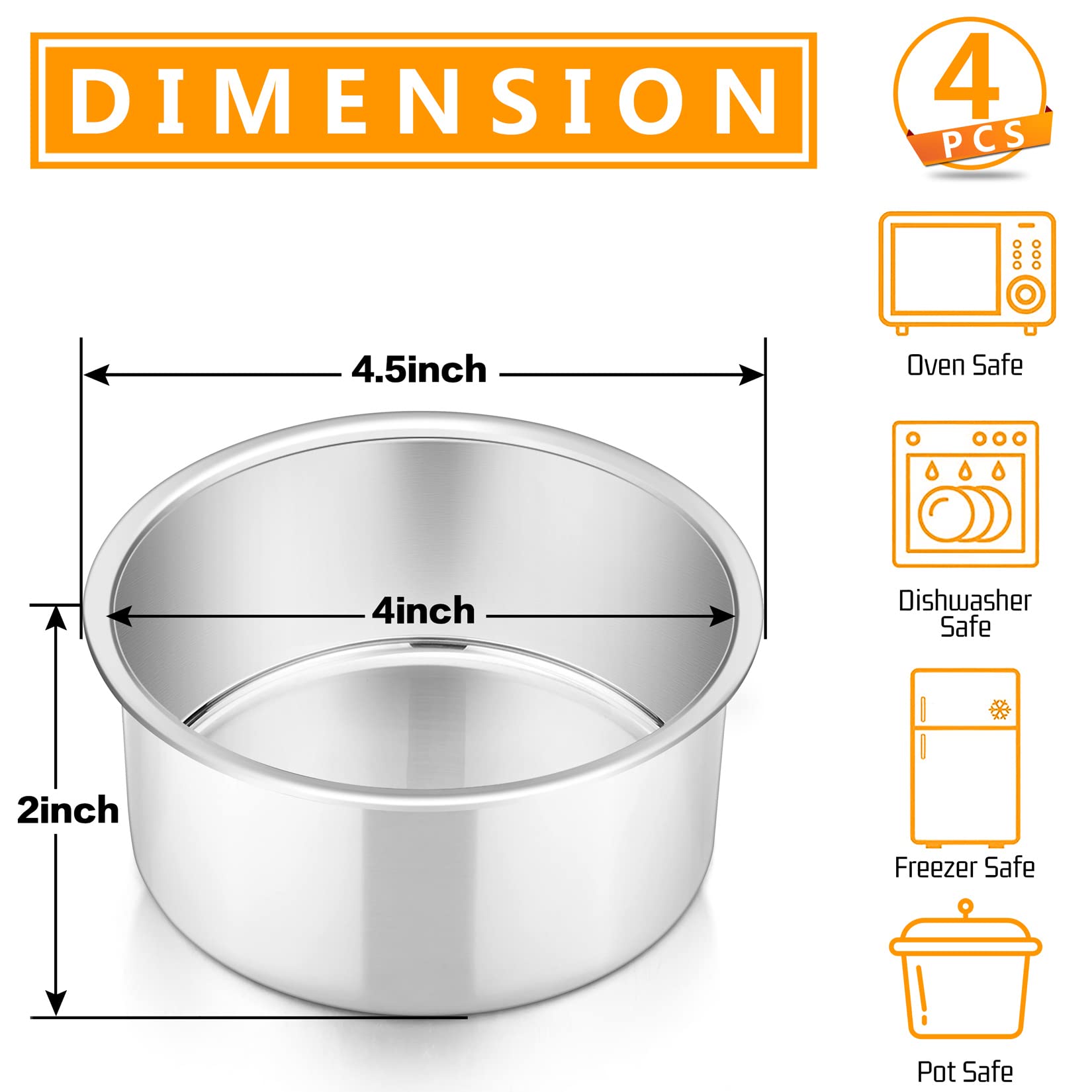 P&P CHEF Cake Pan Set of 4, Stainless Steel Baking Round Cake Pans Tins Bakeware for Birthday Wedding, Leak-proof & Easy Clean, Mirror Finish & Easy Releasing, 4 Inch