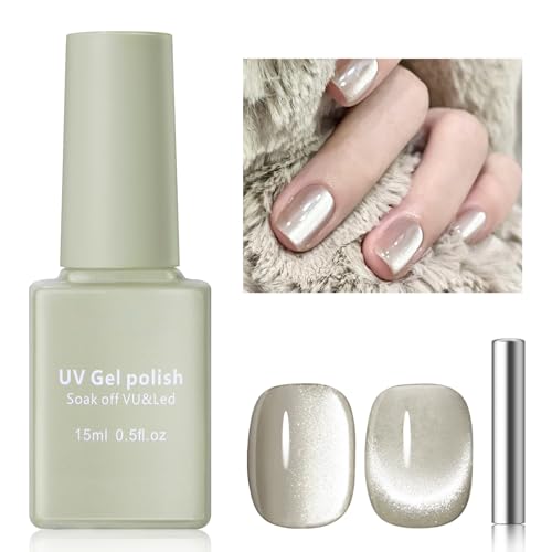 HOSAILY 15ml Cat Eye Gel Nail Polish, New Mirror Nude White Diamond Glitter Holographic Shiny Nail Polish with Magnet, Reflective Translucent UV Gel for Salon Home DIY Nail Manicure
