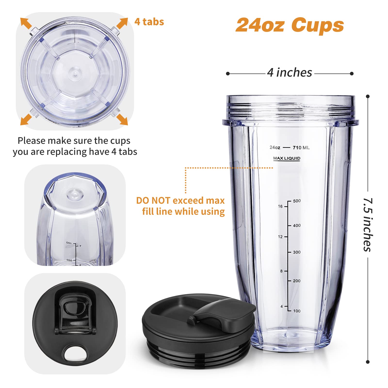 Revorit Blender Replacement Parts for Ninja, 2 24oz Cups with To-Go Lids, 7 Fins Extractor Blade, for Nutri Ninja Auto iQ BN801 BL480-30 BL640-30 BL642-30 NN100-30 BL2012 (2 Pack)