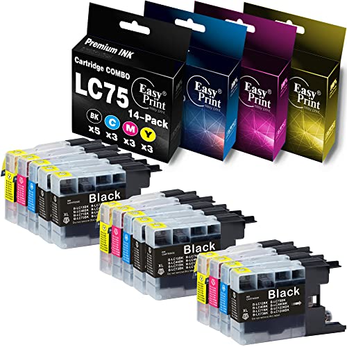 EASYPRINT Compatible Ink Cartridge Replacement for Brother LC-75 LC75 LC71 Used for MFC-J6910CDW/ J6710CDW/ J5910CDW/ J825N; DCP-J525N/ J540N/ J740N, (5 Black, 3 Cyan, 3 Magenta, 3 Yellow, 14 Pack)