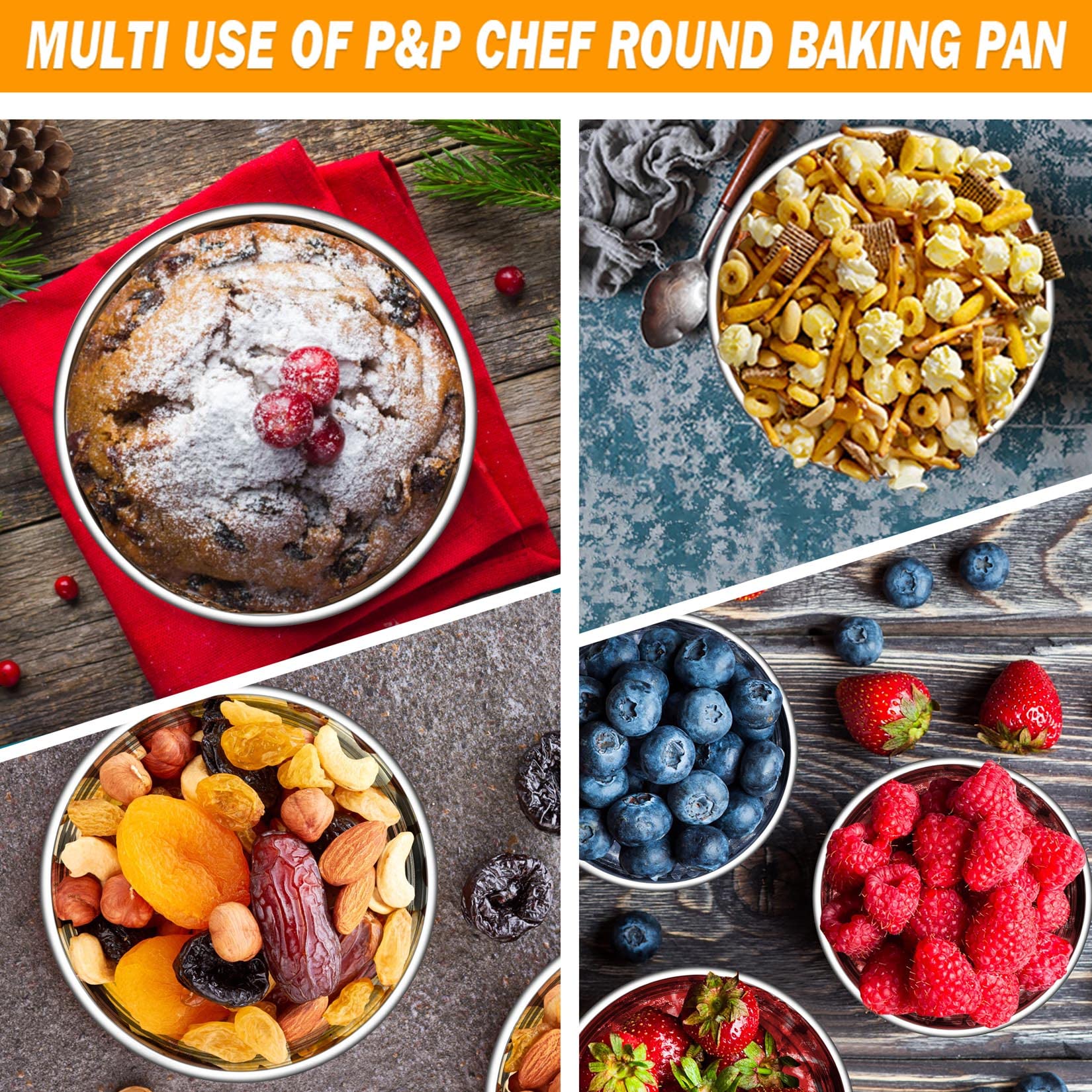 P&P CHEF Cake Pan Set of 4, Stainless Steel Baking Round Cake Pans Tins Bakeware for Birthday Wedding, Leak-proof & Easy Clean, Mirror Finish & Easy Releasing, 4 Inch
