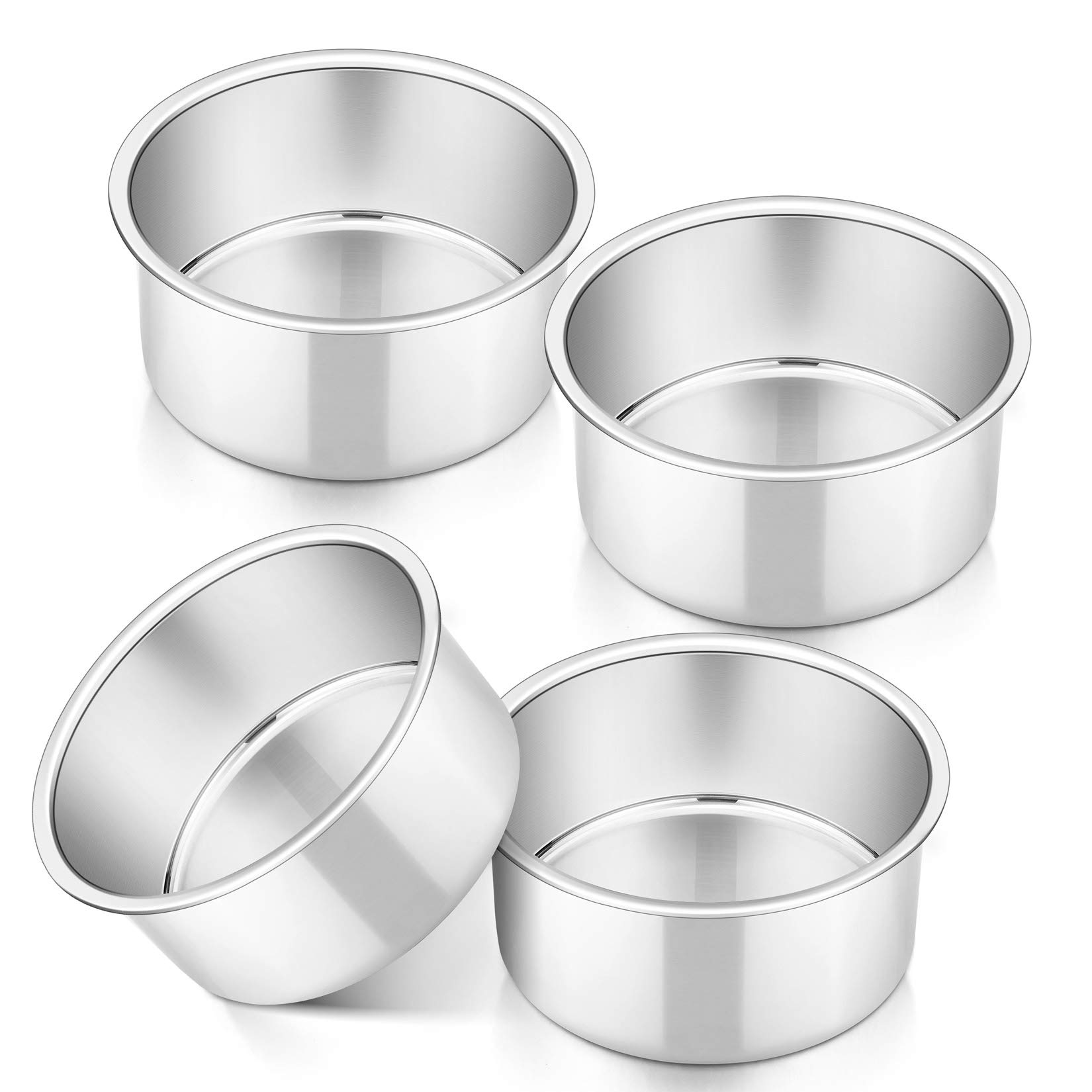P&P CHEF Cake Pan Set of 4, Stainless Steel Baking Round Cake Pans Tins Bakeware for Birthday Wedding, Leak-proof & Easy Clean, Mirror Finish & Easy Releasing, 4 Inch