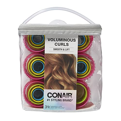 Conair Self Grip Assorted Sizes and Colors Hair Rollers, Hair Curlers, Self-Grip Hair Rollers, 31 Pack with Storage Bag