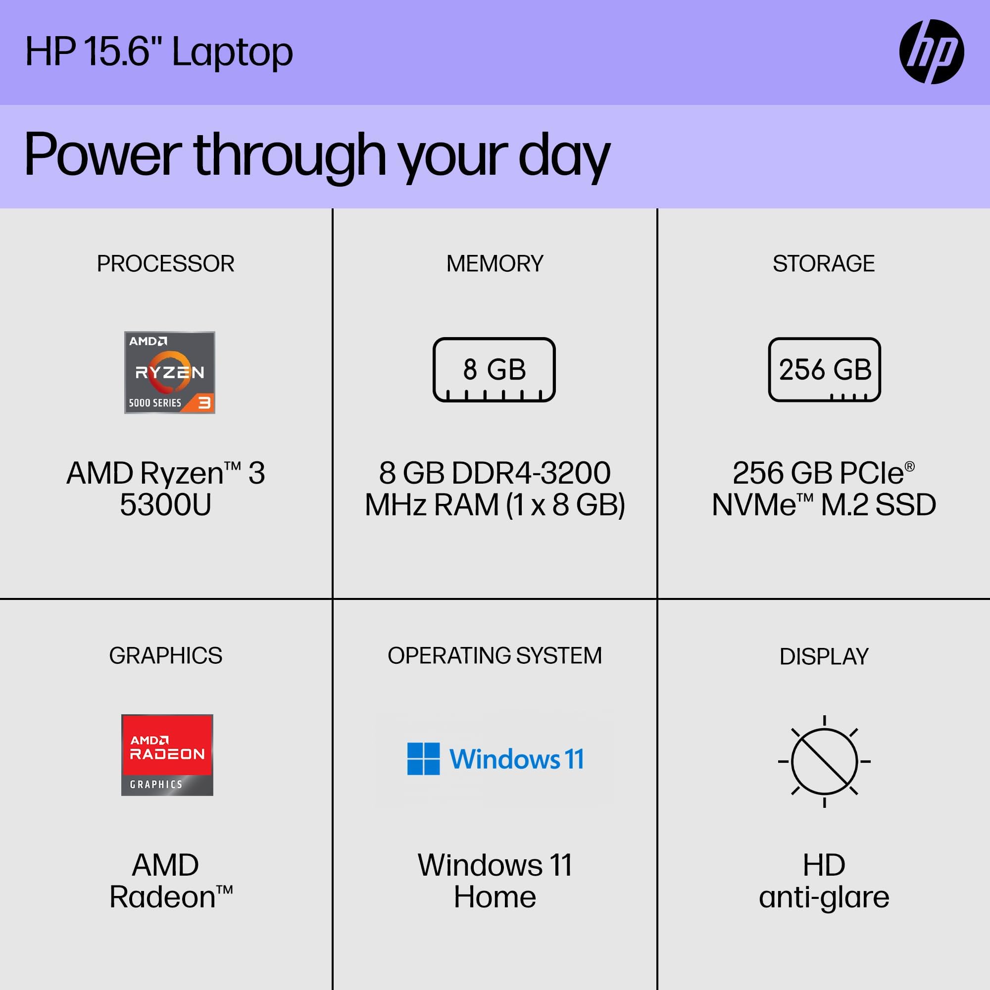 HP Thin and Light Laptop, 15.6 Inch Display, AMD Ryzen 3 5300U(Quad-core) Processor, 16GB RAM, 512GB SSD, AMD Radeon Graphics, Numeric Keypad, Wi-Fi, Bluetooth, Windows 11 Home in S Mode
