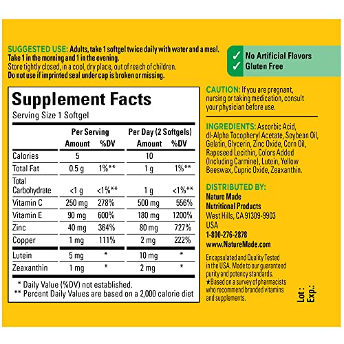 Nature Made Vision with AREDS 2 Formula, Eye Vitamins with Lutein & Zeaxanthin, Vitamin C/ E, Zinc, and Copper, Helps Support Healthy Vision and Eye Function, 60 Softgels