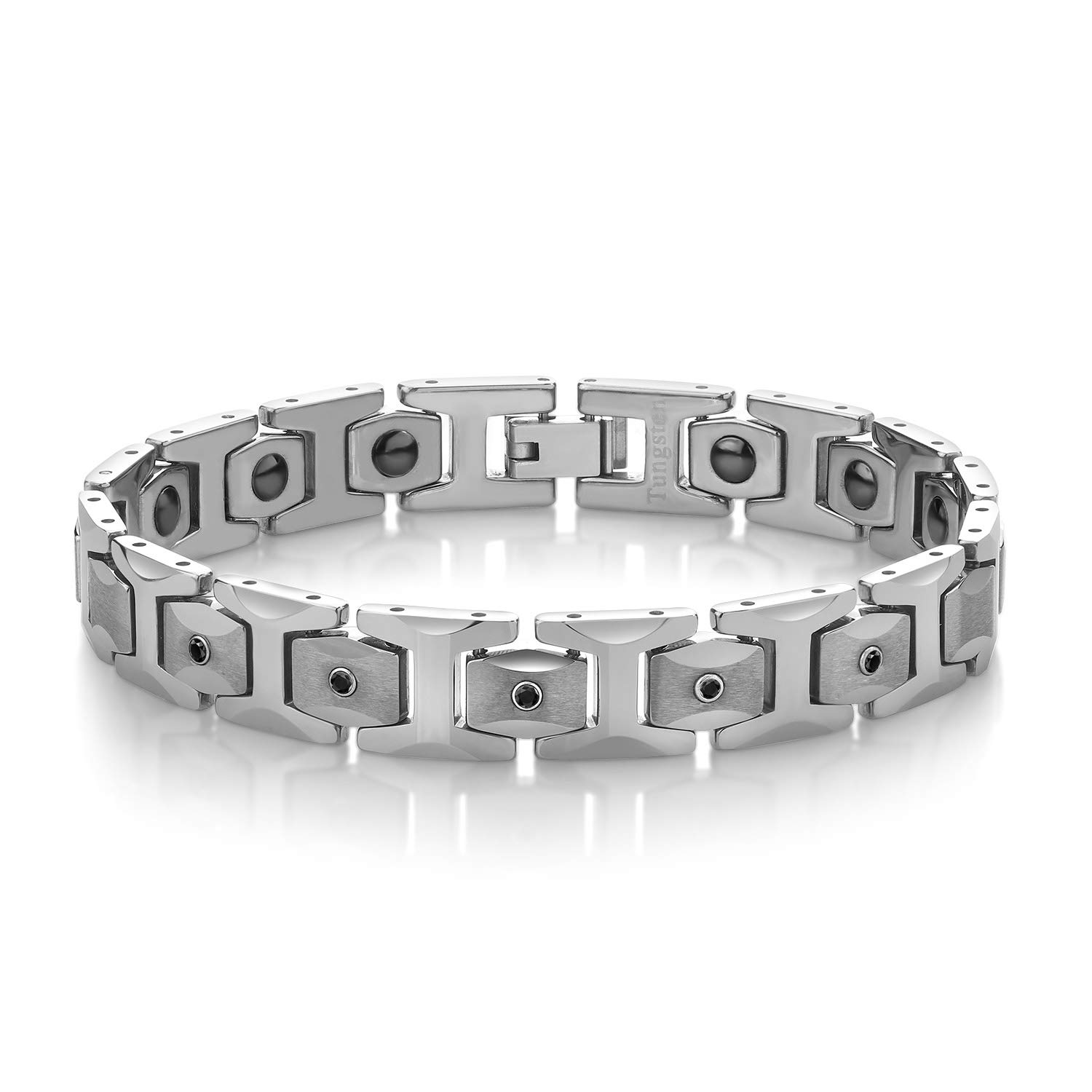Gem Stone King Men’s Shiny Polished Tungsten Carbide Black Diamond Bracelet Matte Finished Inner Links (0.18 Cttw, 8 Inches in Length with Safety Clasp)