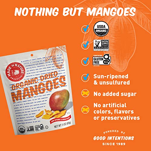 Made in Nature Organic Dried Fruit, Mangoes, 3oz Bags (6 Count) β Non-GMO, Unsulfured Vegan Snack