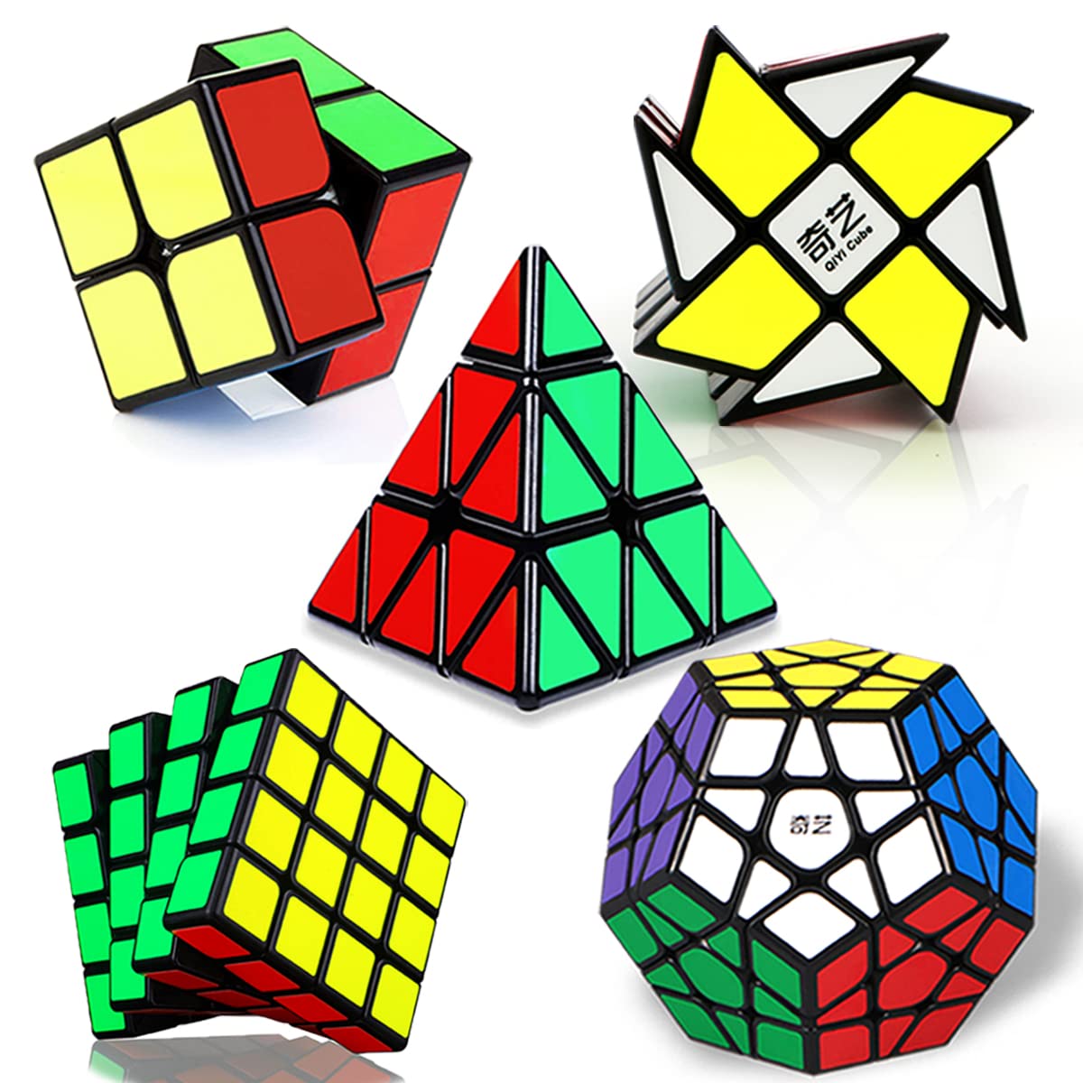 Roxenda Speed Cube Set, Speed Cube Bundle of 2x2 4x4 Megaminx Windmill Cube and Pyramid Cube Smoothly Magic Cubes Collection for Kids & Adults [5 Pack] (Black)