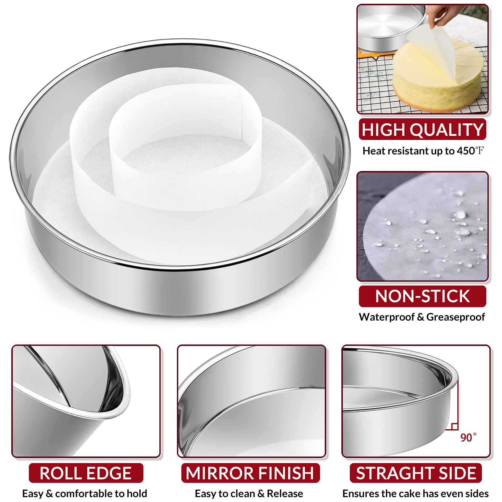E-far 8 Inch Cake Pan Set of 2, Stainless Steel Round Layer Cake Baking Pans with Parchment Rounds & Side Liner Roll, Non-Toxic & Healthy Metal Cakes Tin, Straight Side & Dishwasher Safe