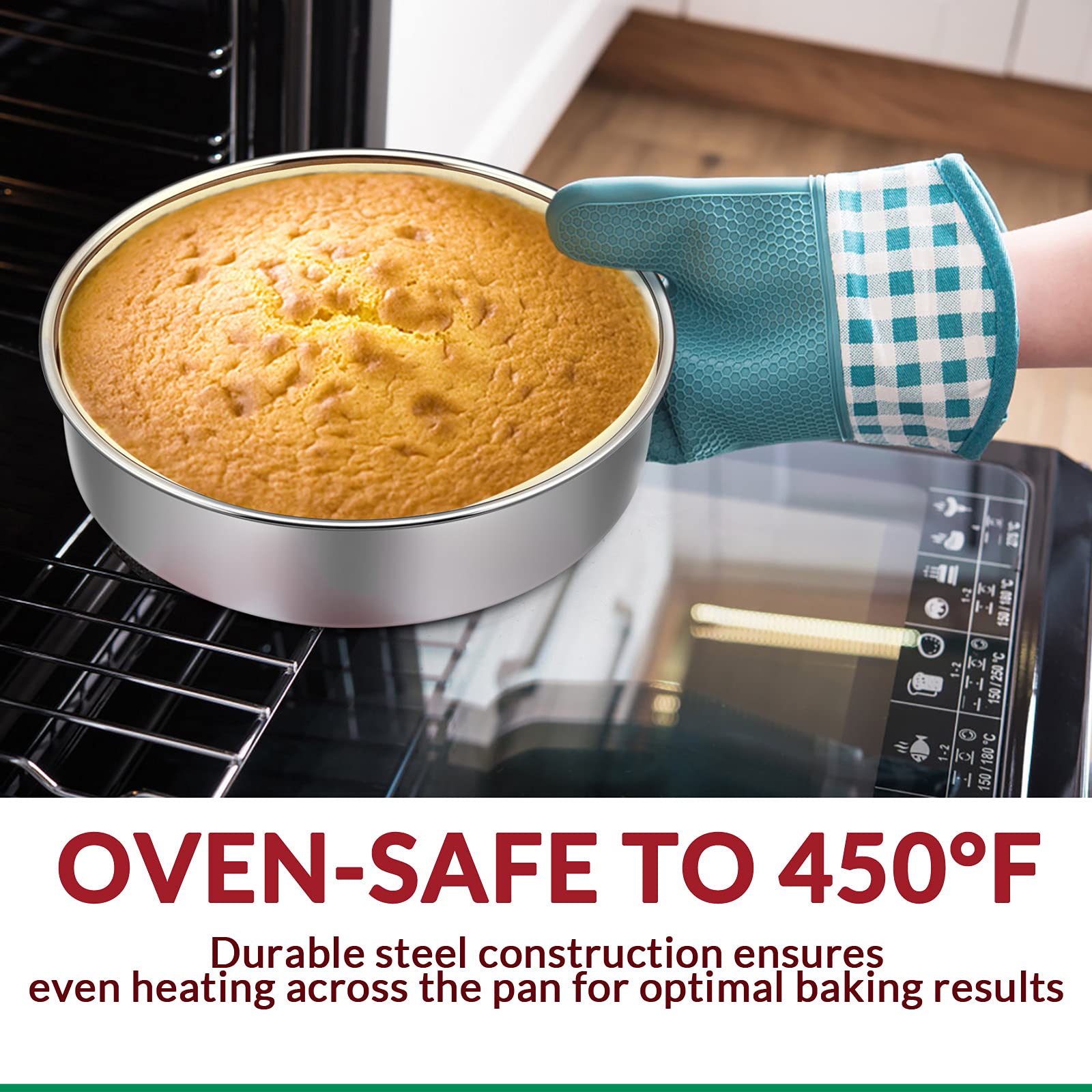 E-far 8 Inch Cake Pan Set of 2, Stainless Steel Round Layer Cake Baking Pans with Parchment Rounds & Side Liner Roll, Non-Toxic & Healthy Metal Cakes Tin, Straight Side & Dishwasher Safe