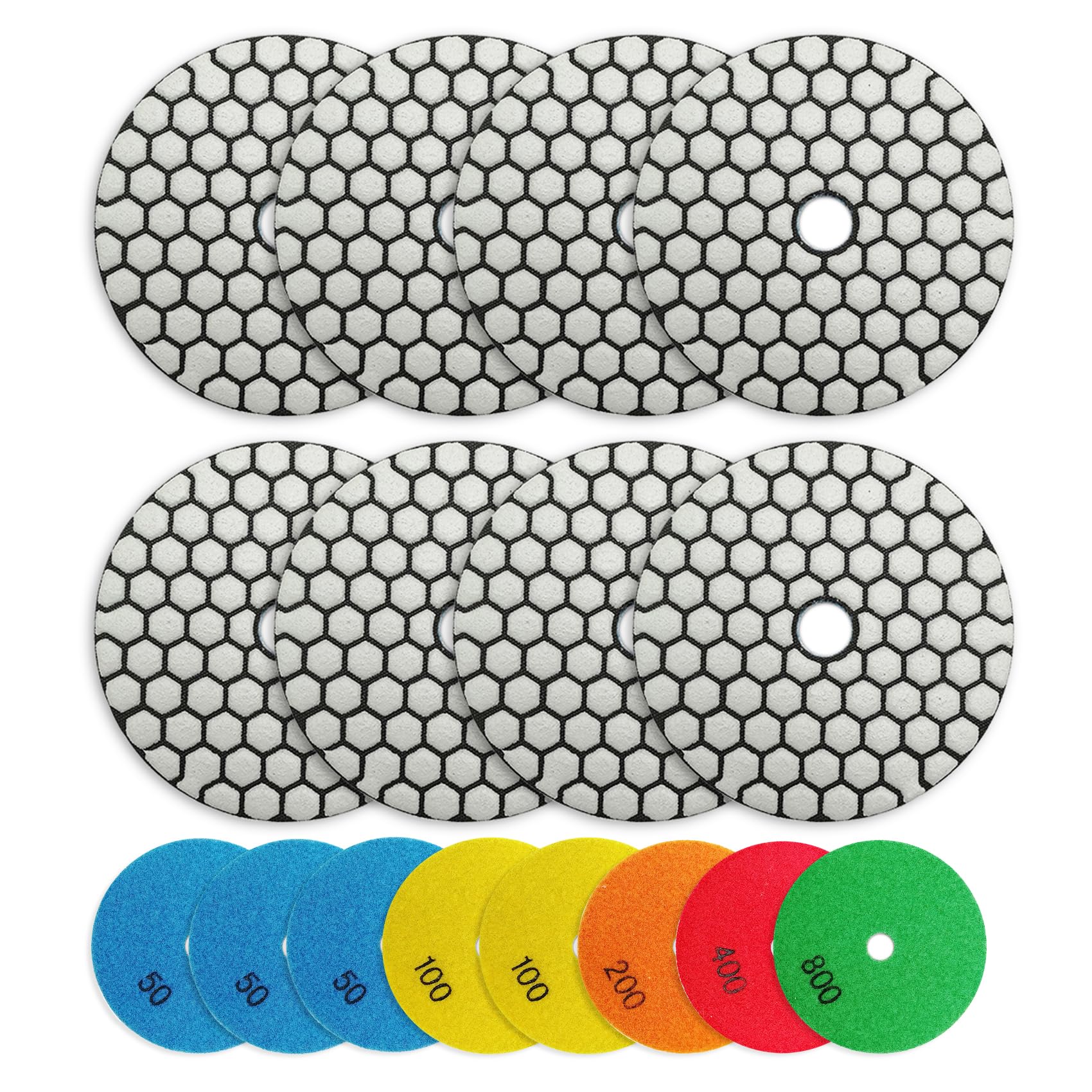 BRSCHNITT Dry Diamond Polishing Pads Set 4 Inch Grit 50x3/100x2/200/400/800 - Dry Polish Pad Kit 8pcs for Granite Marble Concrete Quartz Marble Floor Polishing