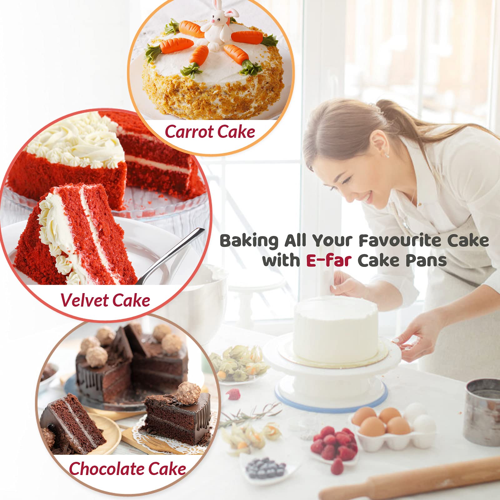 E-far 8 Inch Cake Pan Set of 2, Stainless Steel Round Layer Cake Baking Pans with Parchment Rounds & Side Liner Roll, Non-Toxic & Healthy Metal Cakes Tin, Straight Side & Dishwasher Safe