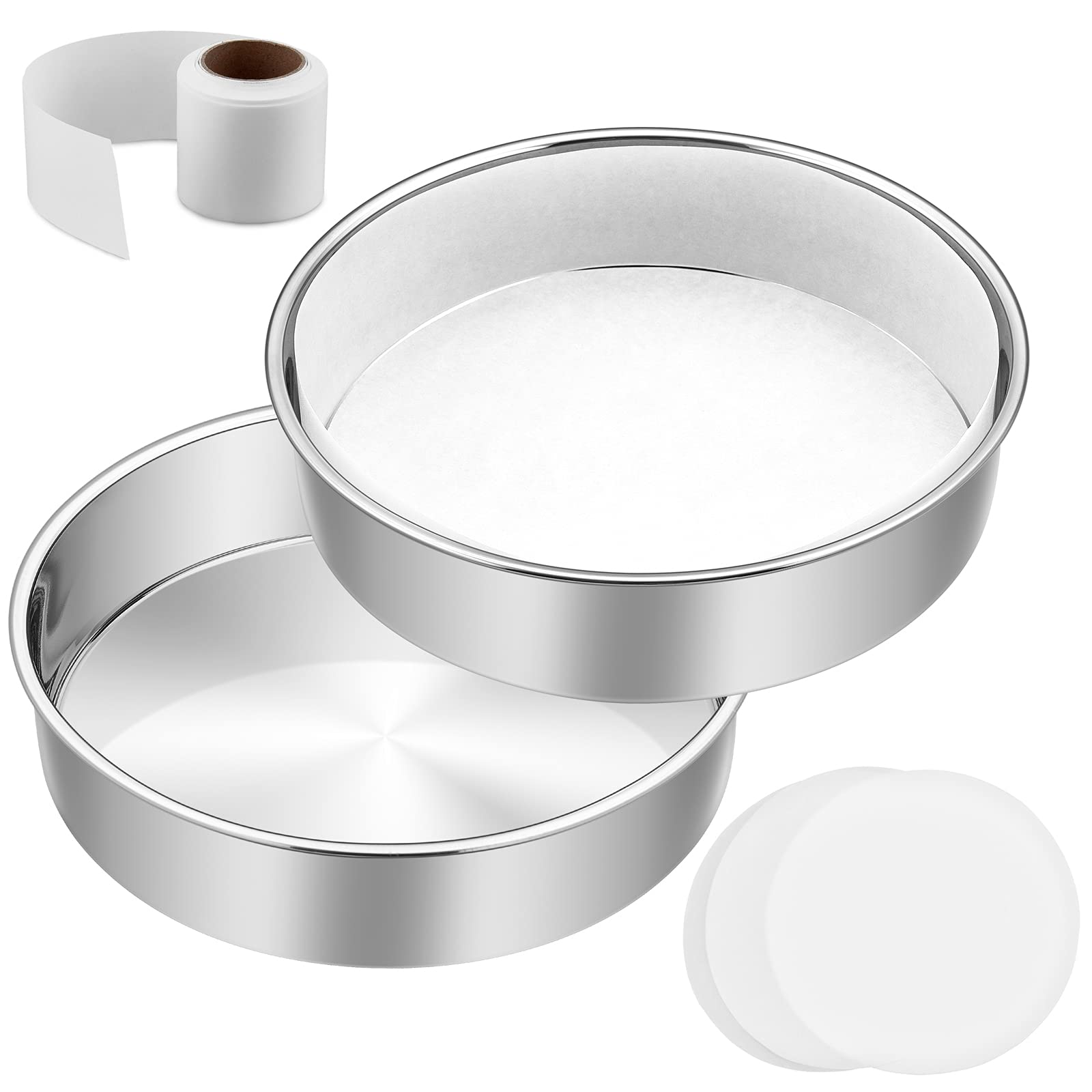 E-far 8 Inch Cake Pan Set of 2, Stainless Steel Round Layer Cake Baking Pans with Parchment Rounds & Side Liner Roll, Non-Toxic & Healthy Metal Cakes Tin, Straight Side & Dishwasher Safe