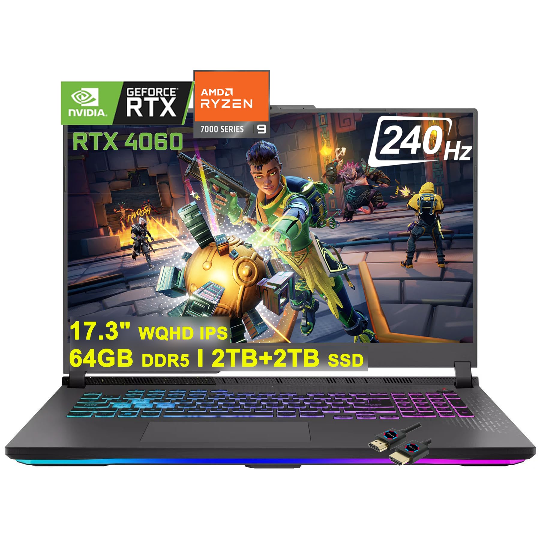 ASUS ROG Strix G17 G713 Gaming Laptop | 17.3" WQHD IPS 240Hz | AMD 12-Core Ryzen 9 7845HX >i9-12900H | 64GB DDR5 2TB+2TB SSD | GeForce RTX 4060 8GB | USB-C RGB Backlit Win11 Black + HDMI Cable