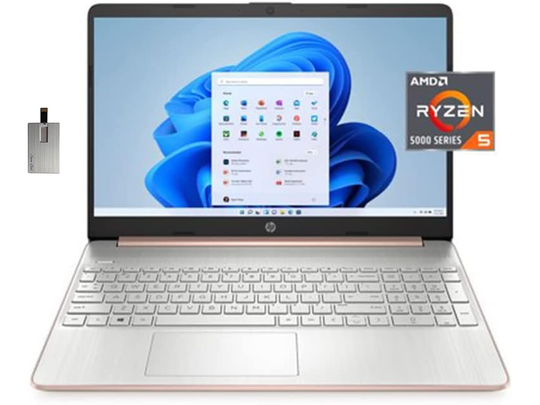 HP 15.6" FHD Laptop, AMD Ryzen 5-5500U Processor, 32GB RAM, 2TB PCIe SSD, AMD Radeon Graphics, HD Webcam, Bluetooth, Wi-fi, Windows 11, Gold, 32GB Hotface USB Card (Renewed)