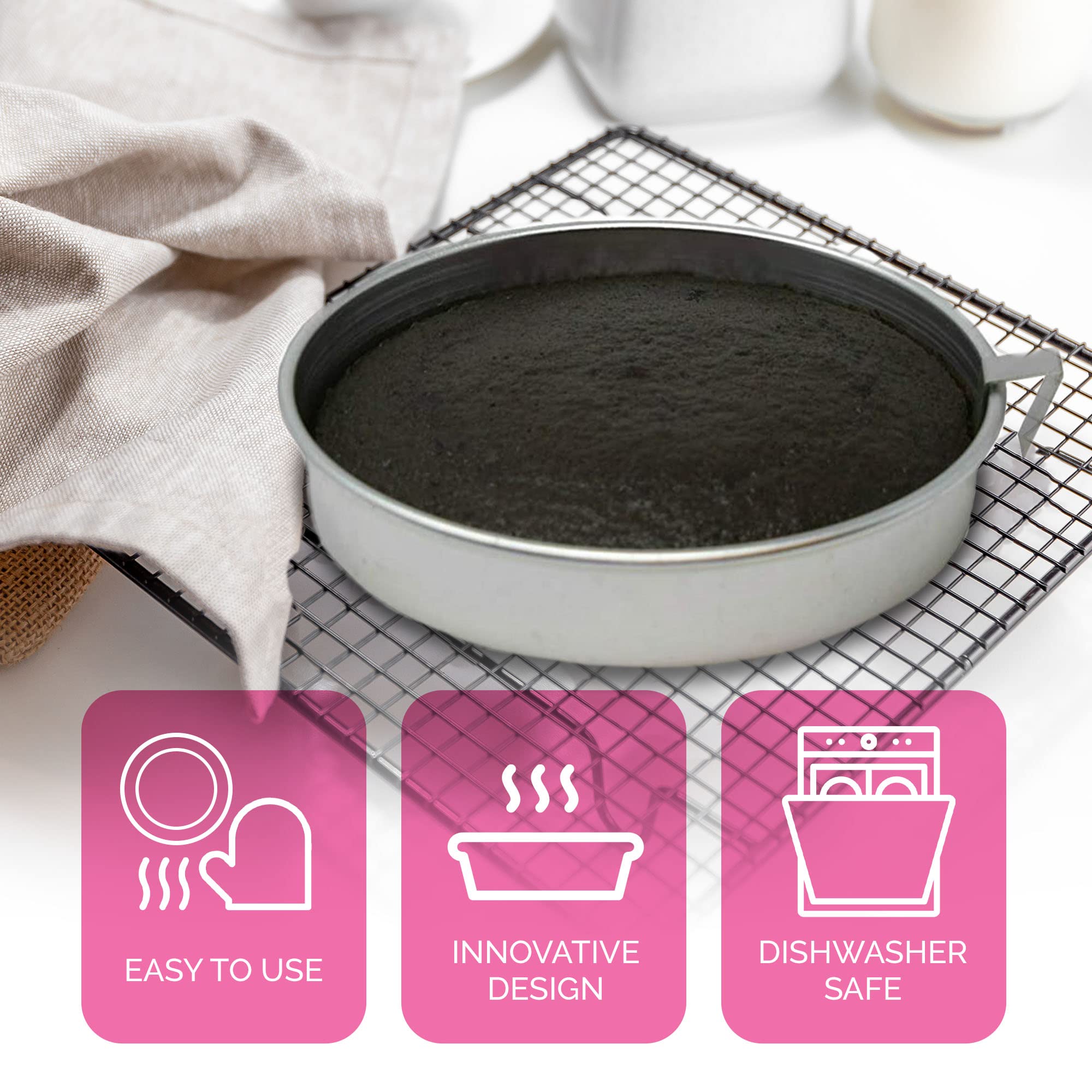 Aunt Shannon's Kitchen 8 Inch Round Cake Pans, 3 Pack, Silver Cake Pan with a Built-in Swivel Blade, Easy Release Cake Pans Set for Baking, Baking Pans Set for 3-Layer Cake, Dishwasher Safe