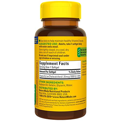 Vitamin D3, 100 Softgels, Vitamin D 1000 IU (25 mcg) Helps Support Immune Health, Strong Bones and Teeth, & Muscle Function, 125% of the Daily Value for Vitamin D in Only One Daily Softgel