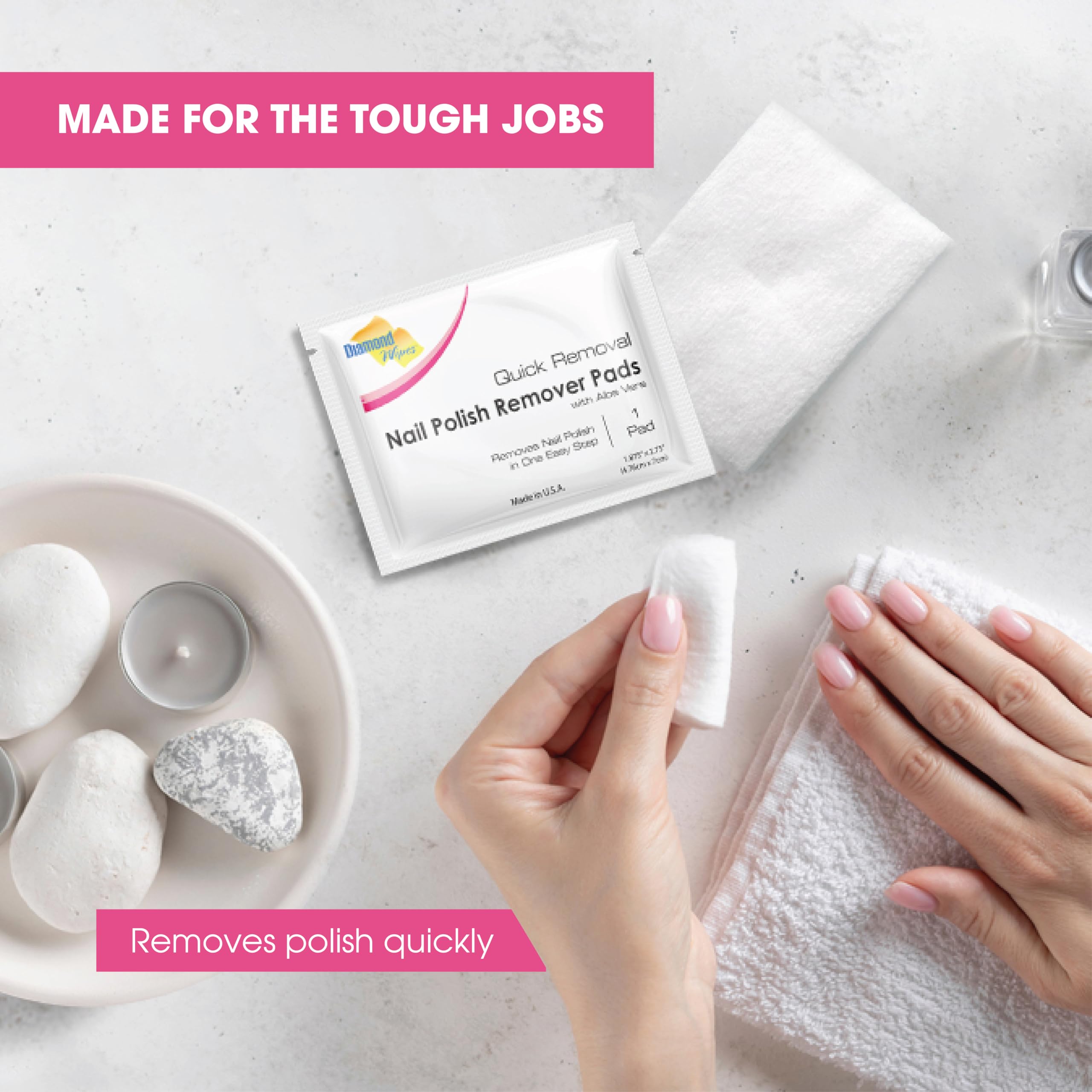 Diamond Wipes Nail Polish Remover Wipes with Aloe Vera, Acetone Nail Polish Remover Pads, 50 Individually Wrapped Nail Polish Wipes