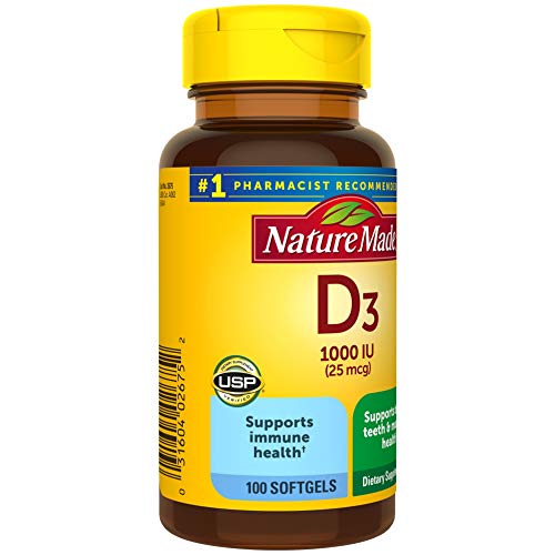 Vitamin D3, 100 Softgels, Vitamin D 1000 IU (25 mcg) Helps Support Immune Health, Strong Bones and Teeth, & Muscle Function, 125% of the Daily Value for Vitamin D in Only One Daily Softgel