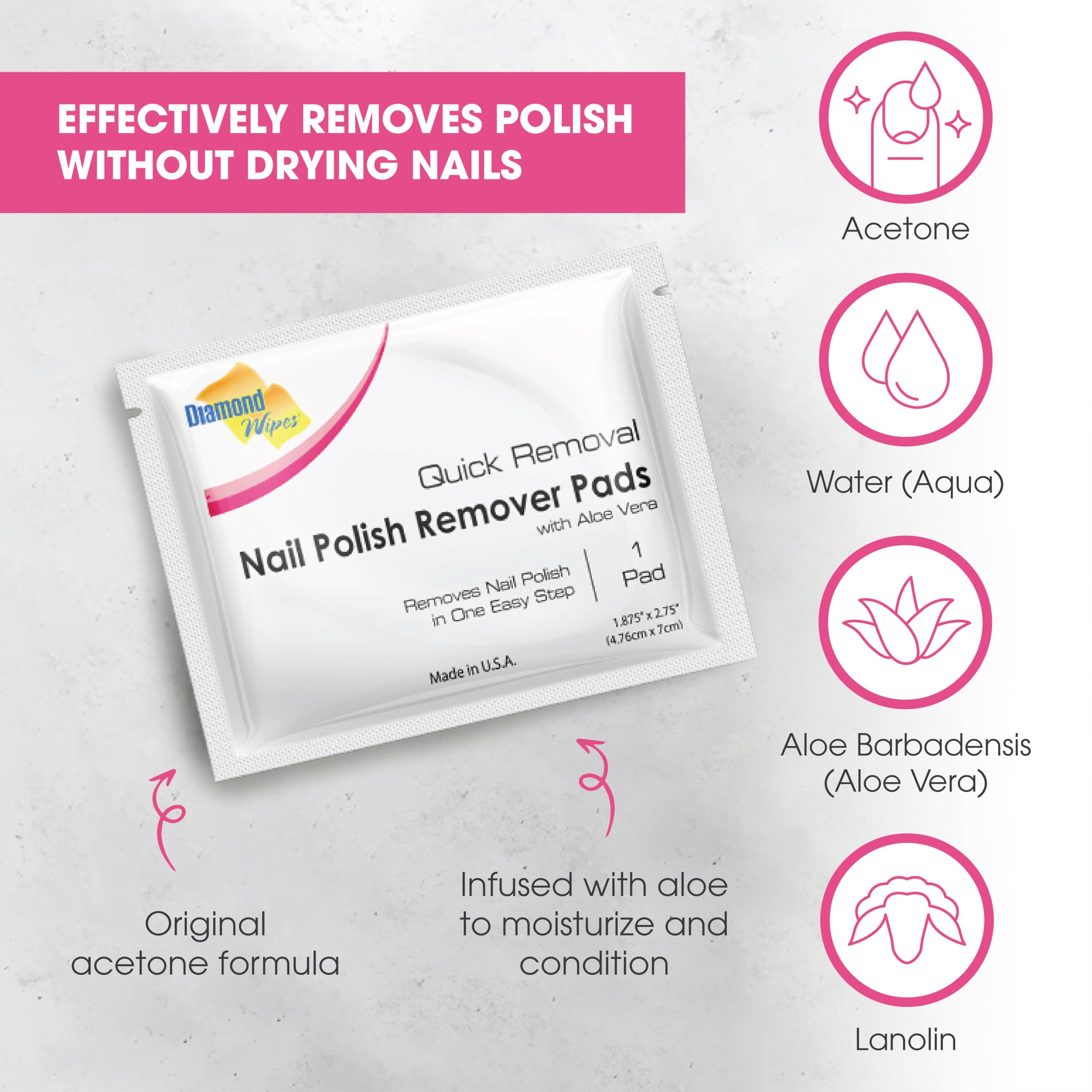 Diamond Wipes Nail Polish Remover Wipes with Aloe Vera, Acetone Nail Polish Remover Pads, 50 Individually Wrapped Nail Polish Wipes
