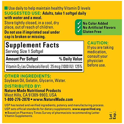 Vitamin D3, 100 Softgels, Vitamin D 1000 IU (25 mcg) Helps Support Immune Health, Strong Bones and Teeth, & Muscle Function, 125% of the Daily Value for Vitamin D in Only One Daily Softgel