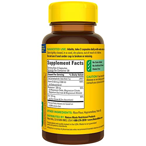 Nature Made Magnesium Complex with Vitamin D and Zinc Supplements, Magnesium Supplement for Muscle, Nerve, Heart & Bone Support with Vitamin D3 & Zinc for Immune Support, 60 Capsules, 30 Day Supply