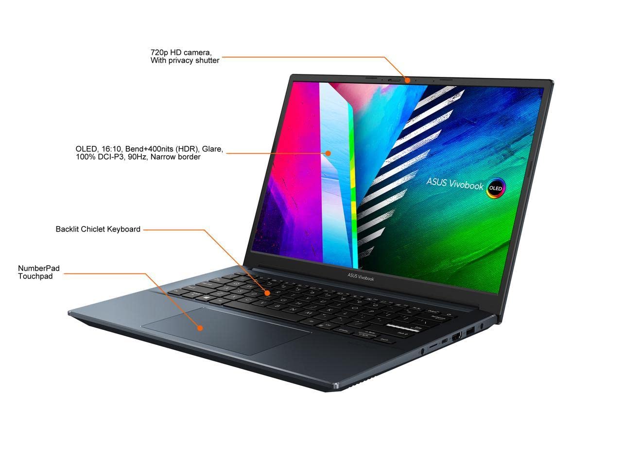 ASUS VivoBook Pro 14 OLED Slim Laptop, 14” WQXGA+ 16:10 OLED Display, AMD Ryzen 7 5800H CPU, NVIDIA GeForce RTX 3050, 16GB RAM, 1TB SSD, Windows 11 Pro, Quiet Blue, M3401QC-EB74