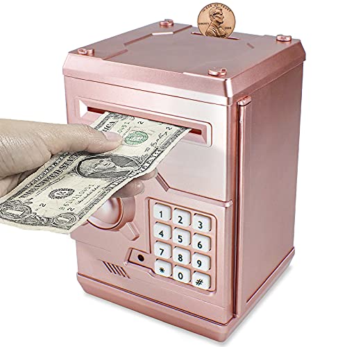 Money Bank,Samate Cartoon Electronic ATM Password Piggy Banks New Great Gift Toy for Children Kids Can Auto Scroll Paper Money for Children Fun Toy (Rose Gold)