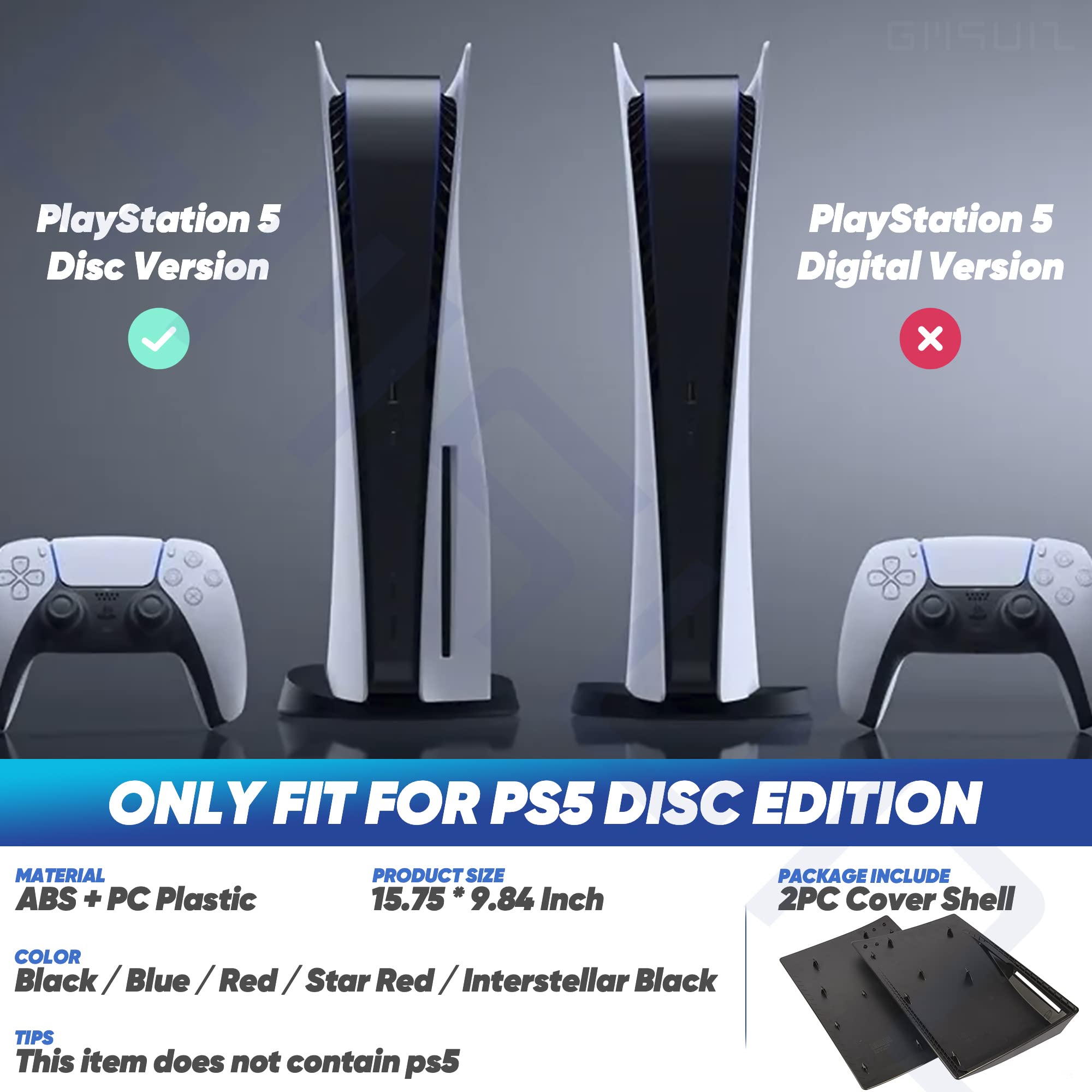 Gmquiz Plates for PS5 Console Cover, Hard Shockproof for PS5 FacePlates, ABS Anti-Scratch Dustproof Replacement Faceplate Shell for Playstation 5 Console, Red (Disc Edition).