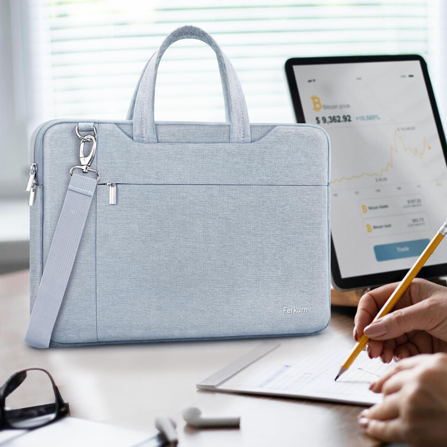 Ferkurn Laptop Bag Case Women Men Computer Sleeve with Shoulder Compatible with HP Envy Pavilion/Inspiron/Thinkpad/Vivobook/MSI/Surface,Waterproof Briefcase with Handle, Light Gray, 17 17.3 Inch