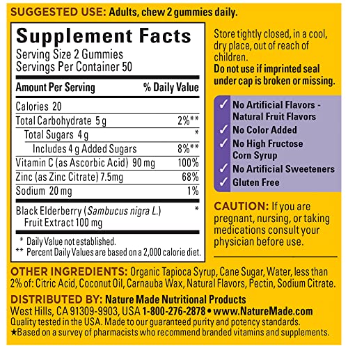 Nature Made Elderberry with Vitamin C and Zinc, Dietary Supplement for Immune Support, 100 Gummies, 50 Day Supply
