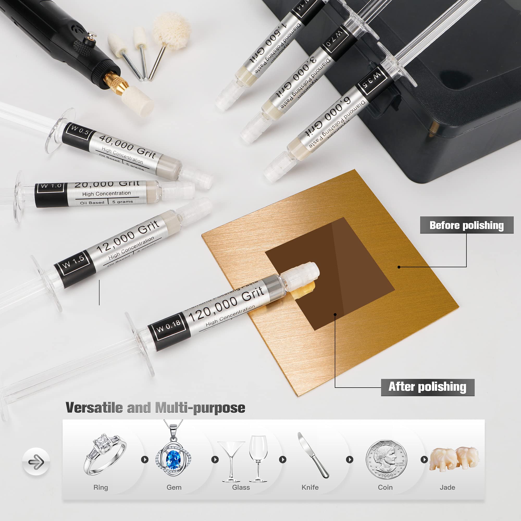 Tryuunion 40 Pcs Diamond Paste Polishing Kit with 32 Grinding Buffing Bits, 8 Oil Based Lapping Compound 1,500- Ultra Fine 120,000 Grit with Box for Metal/Coin/Stone/Jewelry/Ring Polishing