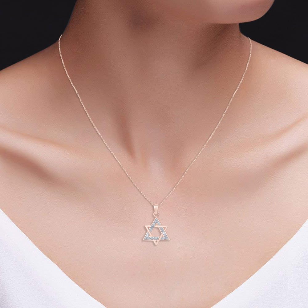 AFFY White Natural Diamond Star of David Pendant Necklace in 14k Rose Gold Over Sterling Silver (0.1 Ct)