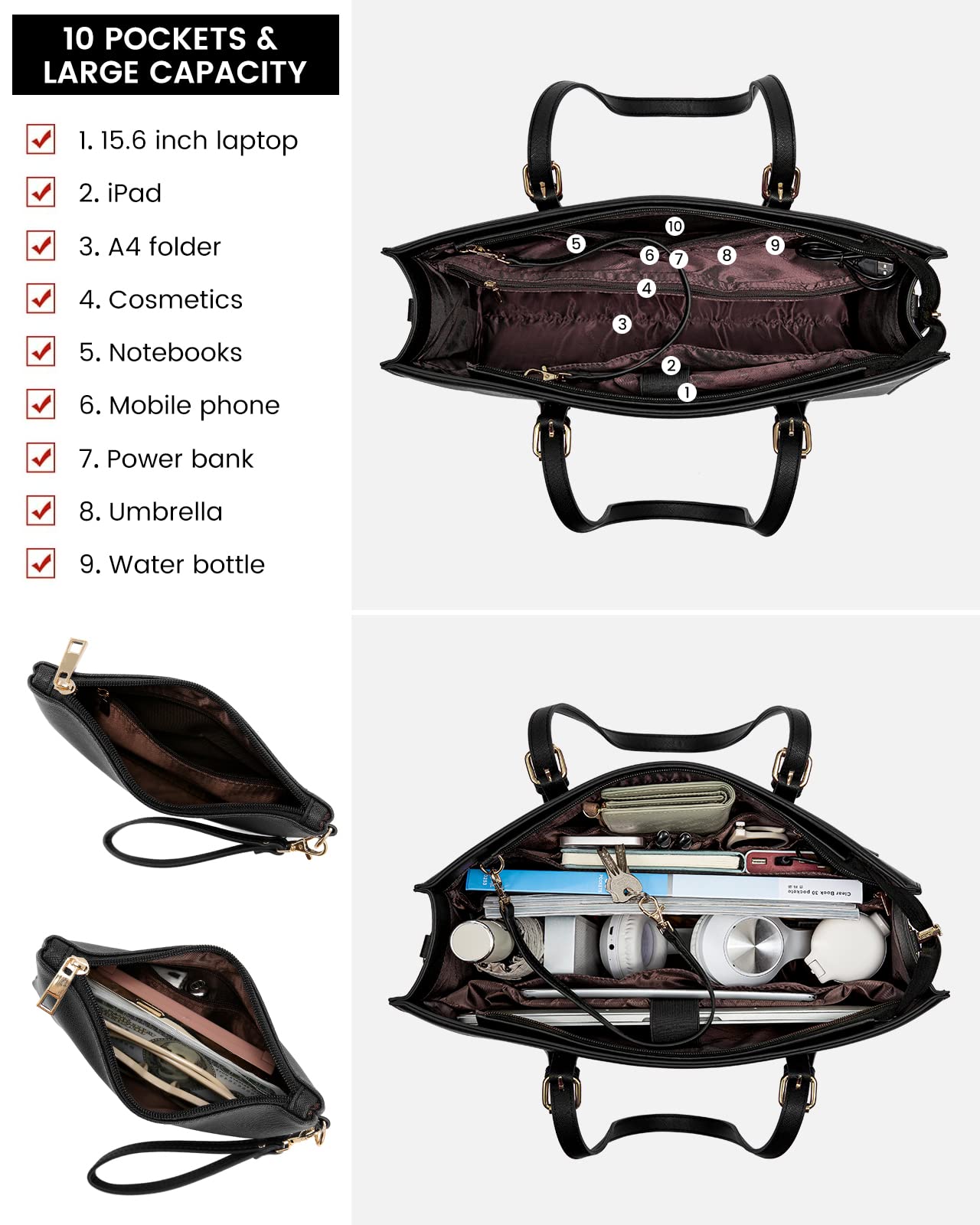 LOVEVOOK Laptop Tote Bag for Women, Large Briefcase for 15.6 Inch Computer Waterproof PU Leather Shoulder Bag with USB Charging Port, Business Office Work Shoulder Handbag Purse 2Pcs Set, Black