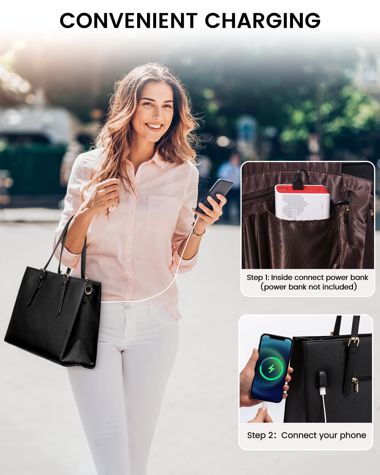 LOVEVOOK Laptop Tote Bag for Women, Large Briefcase for 15.6 Inch Computer Waterproof PU Leather Shoulder Bag with USB Charging Port, Business Office Work Shoulder Handbag Purse 2Pcs Set, Black
