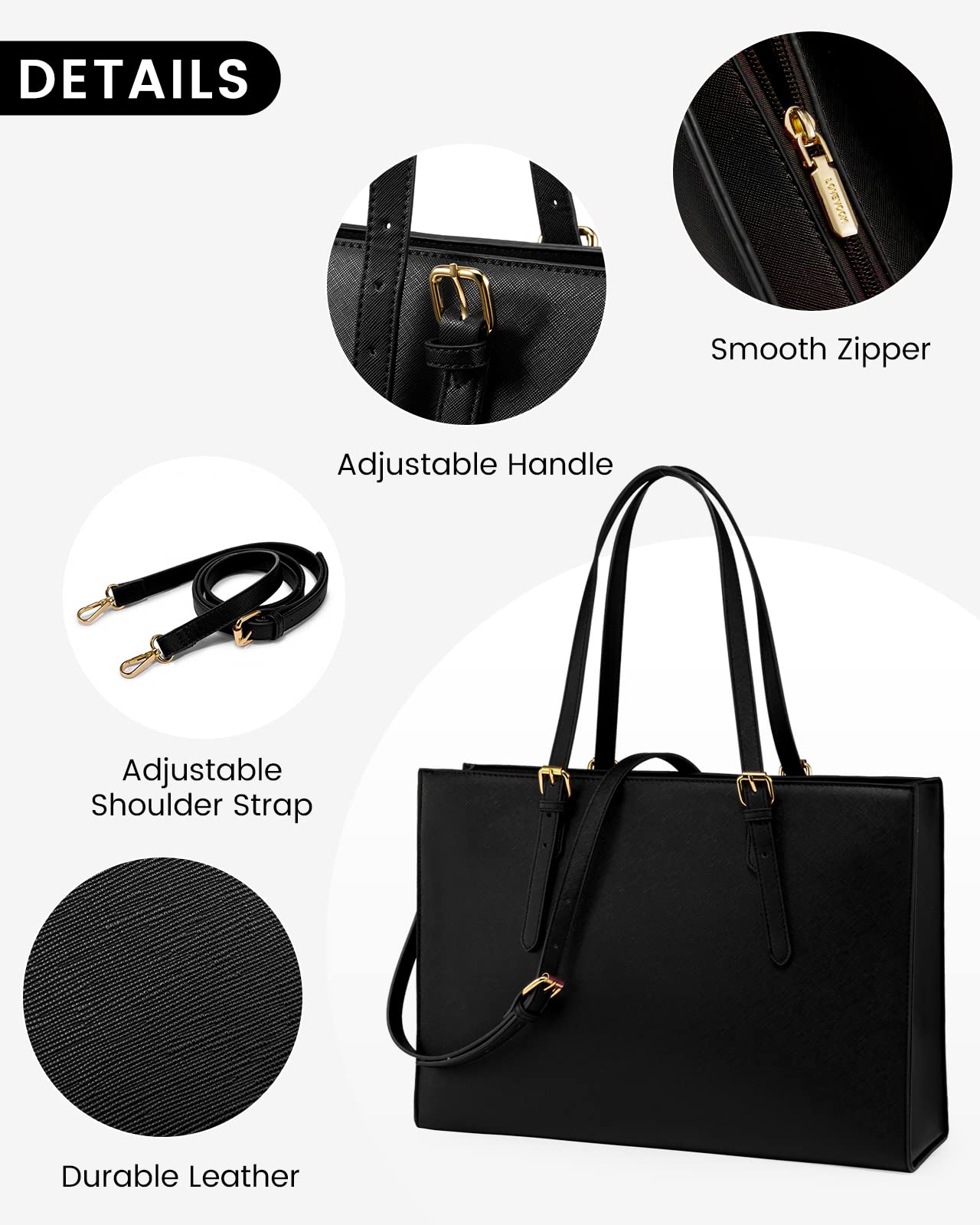 LOVEVOOK Laptop Tote Bag for Women, Large Briefcase for 15.6 Inch Computer Waterproof PU Leather Shoulder Bag with USB Charging Port, Business Office Work Shoulder Handbag Purse 2Pcs Set, Black