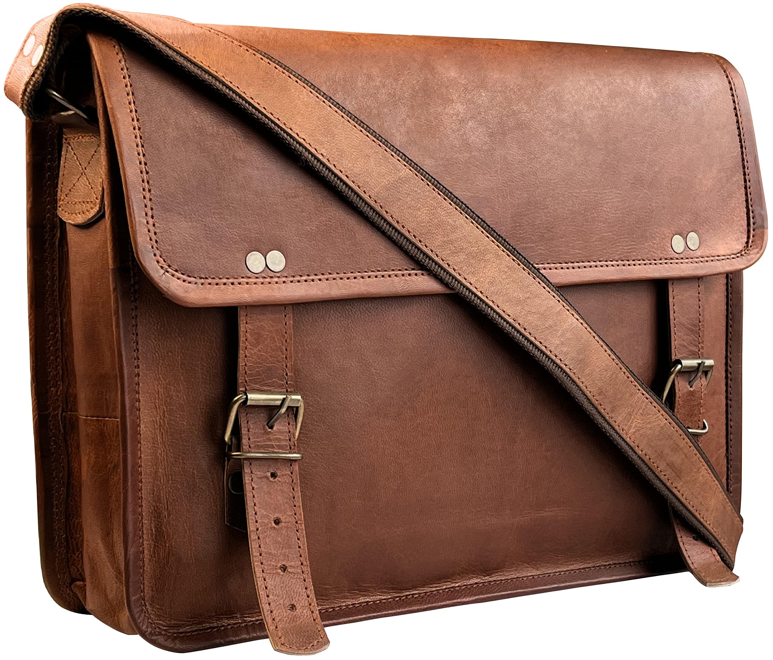 RUSTIC TOWN Leather Messenger Bag for Men Women - Full Grain Leather Laptop Satchel Office Crossbody Shoulder Bag (15 Inch, Brown)