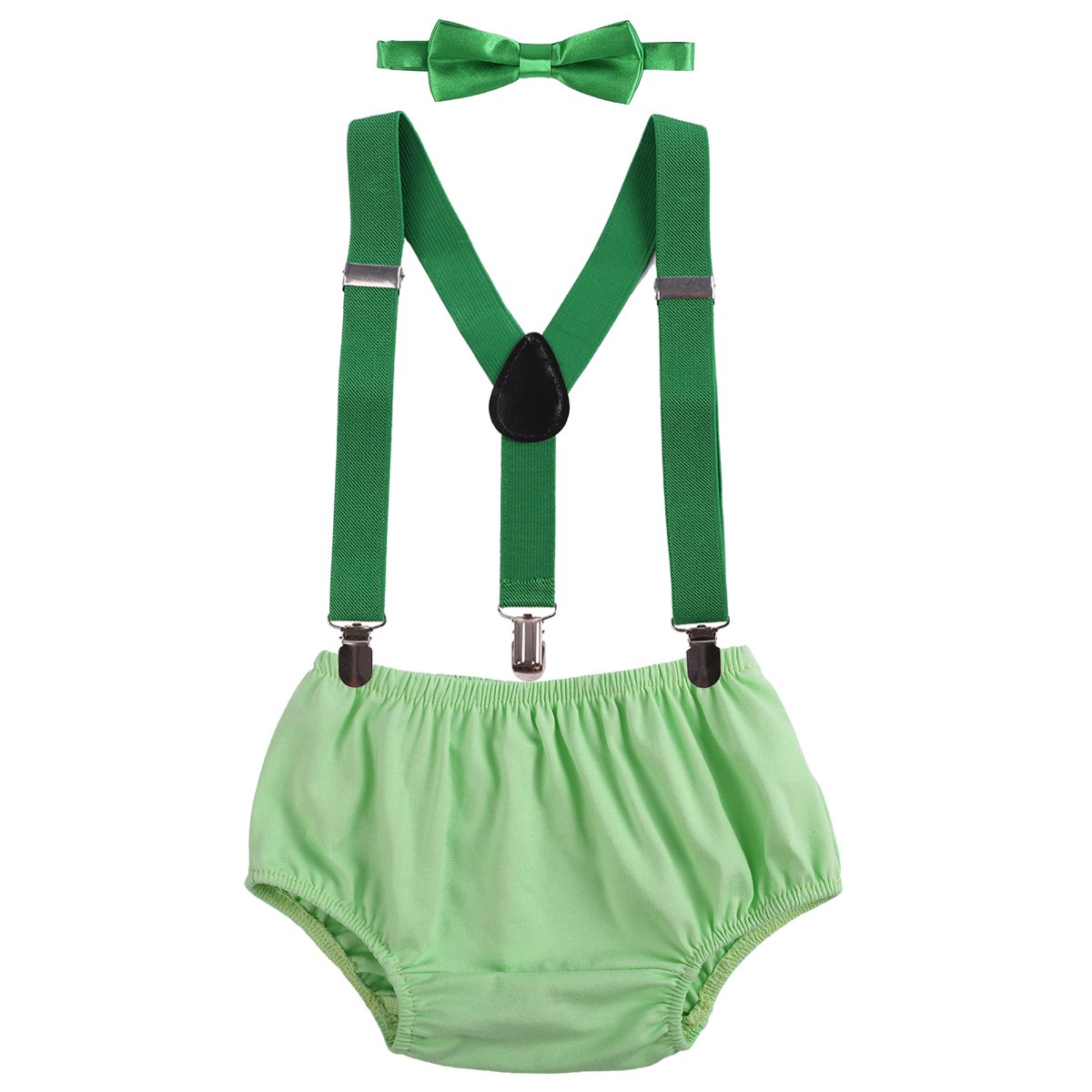 Baby Boys Cake Smash Clothes Diaper Suspenders Pants Bow Tie 3PCS Set First 1st 2nd Birthday Outfit for Photo Prop Party Light Green + Dark Green 3-24 Months