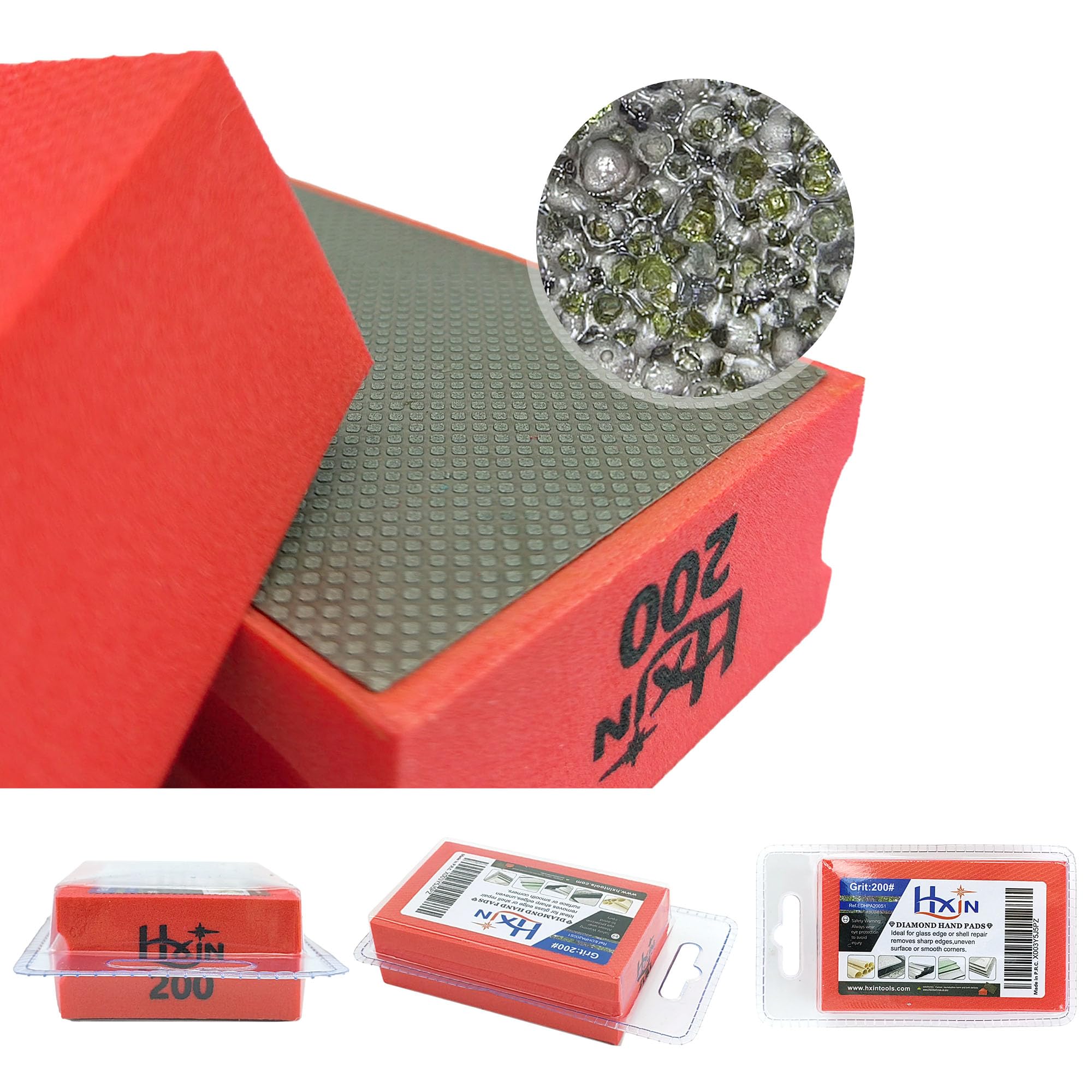 HXIN Diamond Hand Polishing Pad Diamond Sanding Block Foam Backed Diamond Sponge Sanding Pads for Wet or Dry Grinding polishing for Granite Marble Stone Tile Glass Ceramic (1, 200# Square)