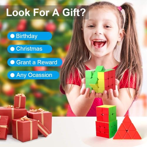 Roxenda Speed Cube Set, Speed Cube Bundle of 2x2 3x3 Pyramid Cube and Magic Rainbow Ball Smoothly Magic Cubes Collection for Kids Teens & Adults [4 Pack] (Stickerless)