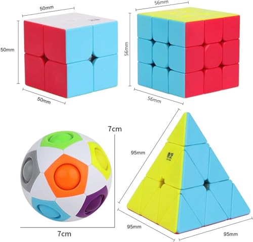 Roxenda Speed Cube Set, Speed Cube Bundle of 2x2 3x3 Pyramid Cube and Magic Rainbow Ball Smoothly Magic Cubes Collection for Kids Teens & Adults [4 Pack] (Stickerless)