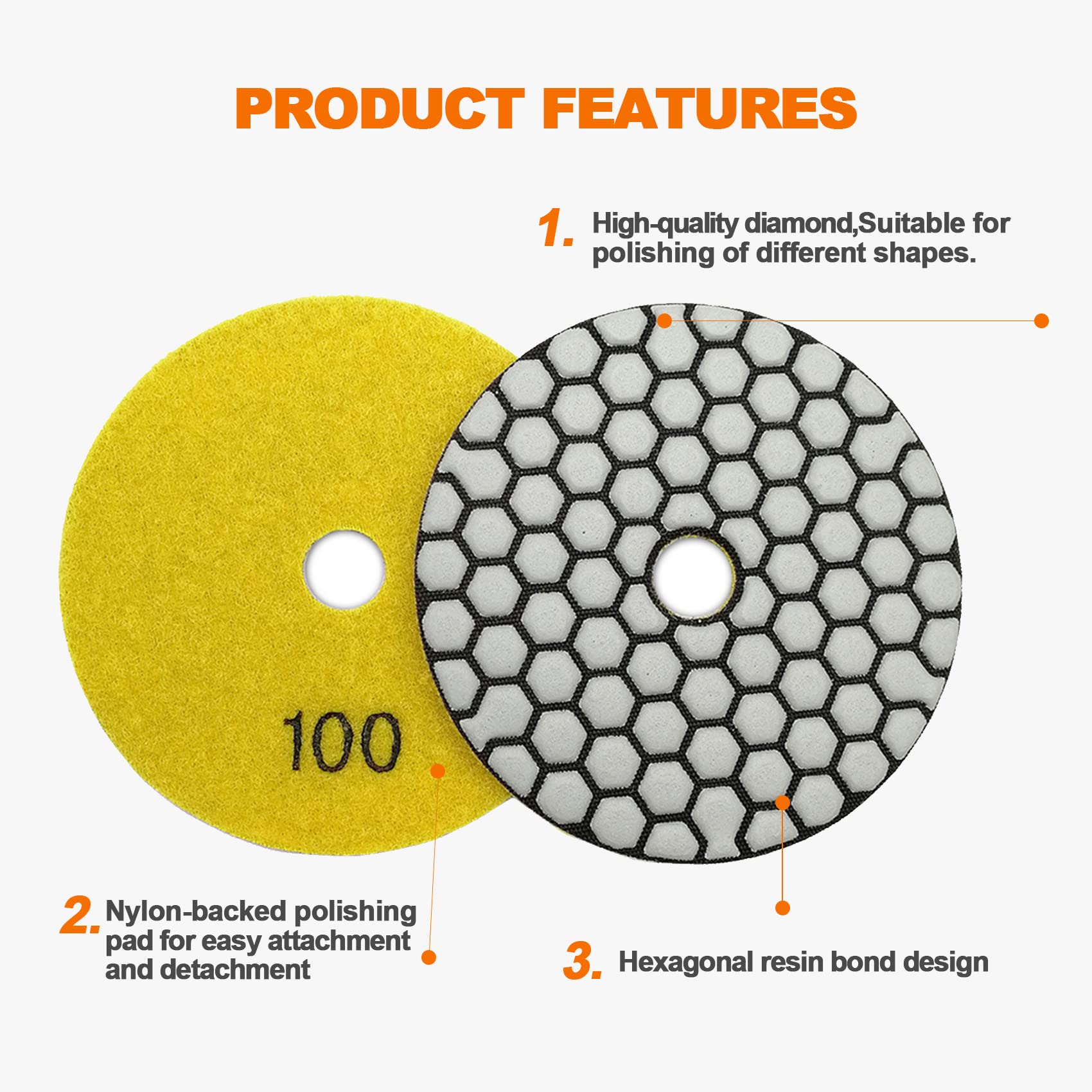 BRSCHNITT Dry Diamond Polishing Pad Set,7pcs 4 inch (#50*4,100*3),for Granite Stone Marble Sanding used on Grinder or Polisher, with Hook & Loop 5/8-11 Aluminum Backing Holder Pads