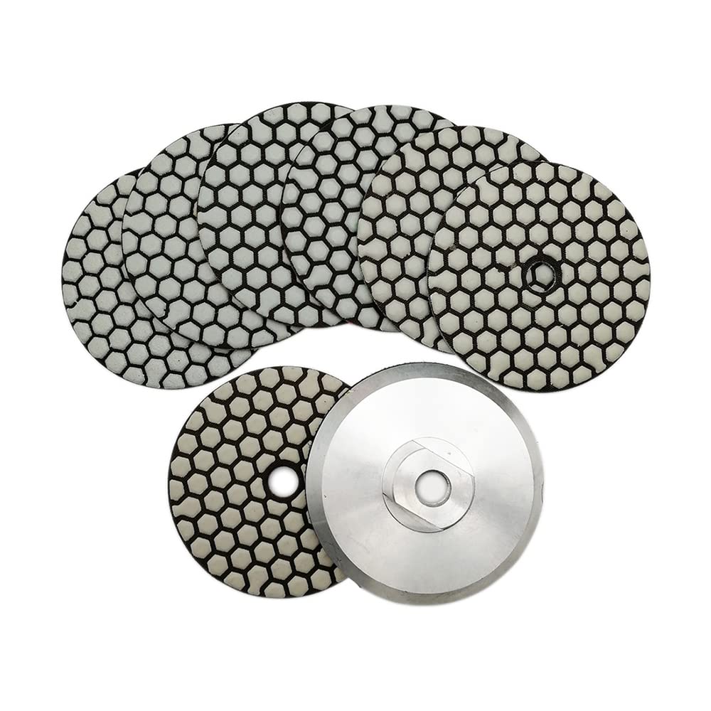 BRSCHNITT Dry Diamond Polishing Pad Set,7pcs 4 inch (#50*4,100*3),for Granite Stone Marble Sanding used on Grinder or Polisher, with Hook & Loop 5/8-11 Aluminum Backing Holder Pads