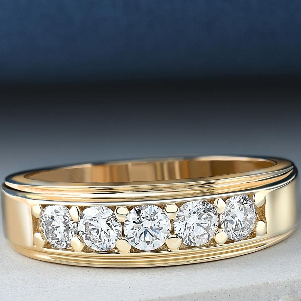 10k Yellow Gold 1 Ct T.W. Round-Cut Five Stone Elegant Diamond Wedding Band Ring for Him Anniversary High Polished Band