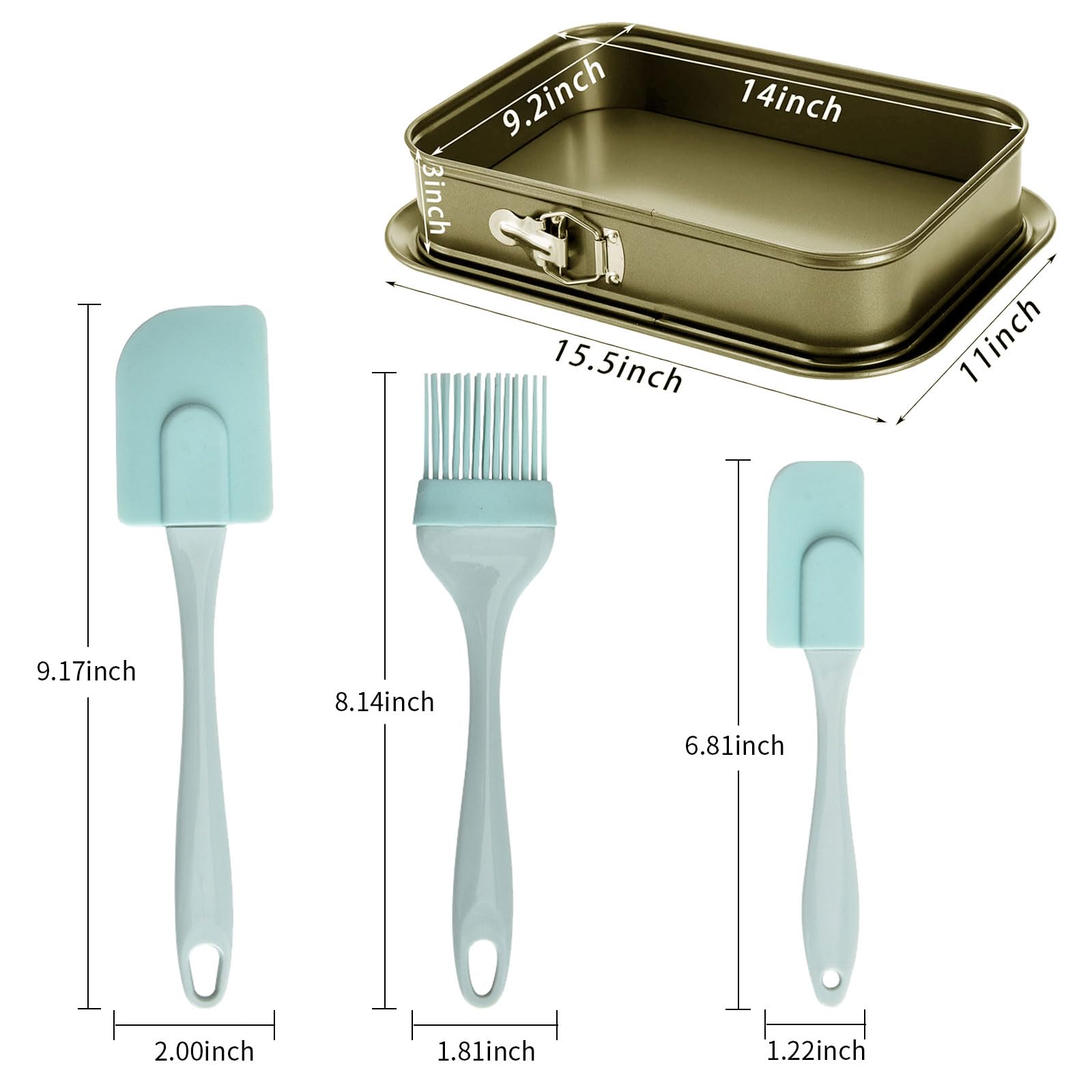 MESHKA Large Springform Cake Pan, 14 x 11-Inch Rectangle Cheesecake Pan with 3Pcs Spatula Set,Leakproof Removable, Removable Bottom Golden.