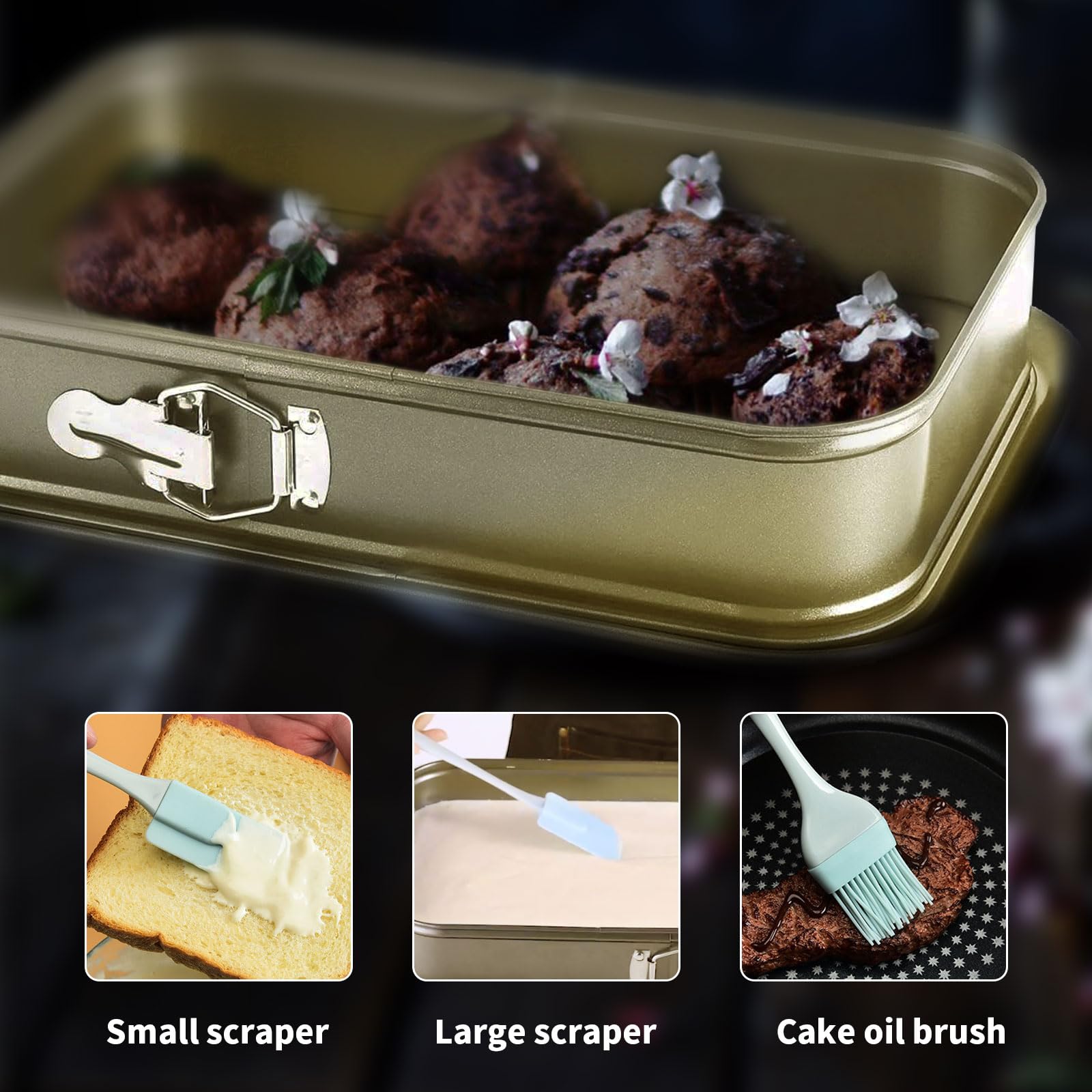 MESHKA Large Springform Cake Pan, 14 x 11-Inch Rectangle Cheesecake Pan with 3Pcs Spatula Set,Leakproof Removable, Removable Bottom Golden.