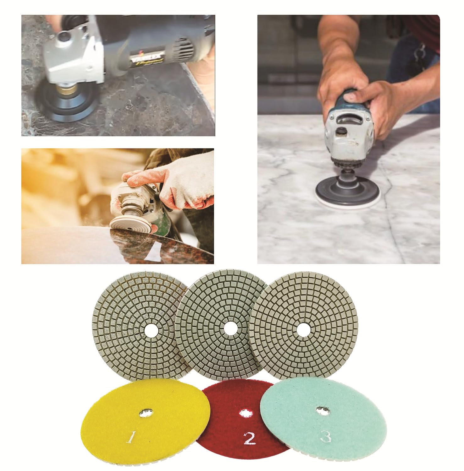 ComeFloor 4 Inch Wet/Dry 3 Step Diamond Polishing Pads for Granite Marble Concrete Stone, Step 1-3 Hook and Loop Backing